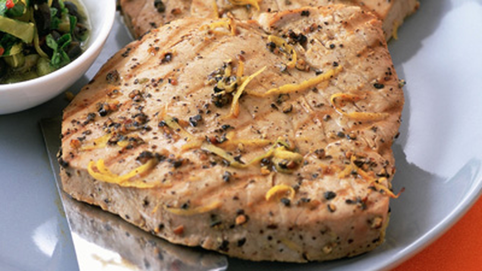 Seared Tuna Loin with Shellfish and Purple Broccol