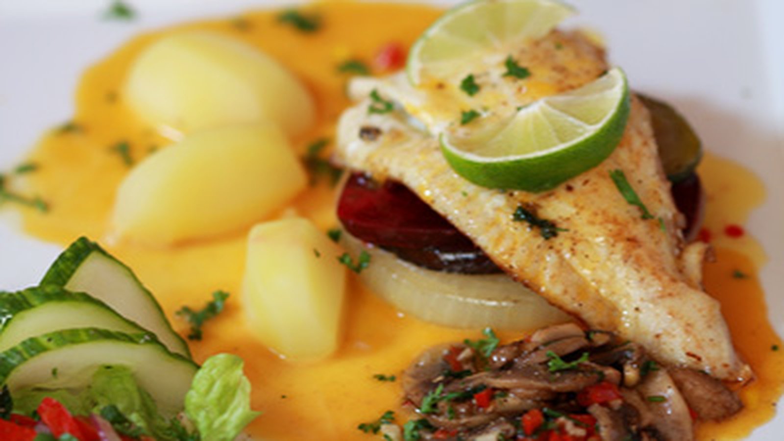 Fillet of Brill served with Caramelised Vegetables on a Fresh Orange ...