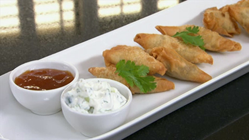 Lamb samosas with raita