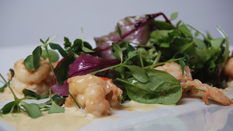 Pan Fried Prawns with Dressed Baby leaves and Crispy Ciabatta bread