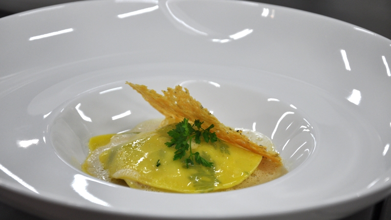 Stained glass open ravioli with langoustine