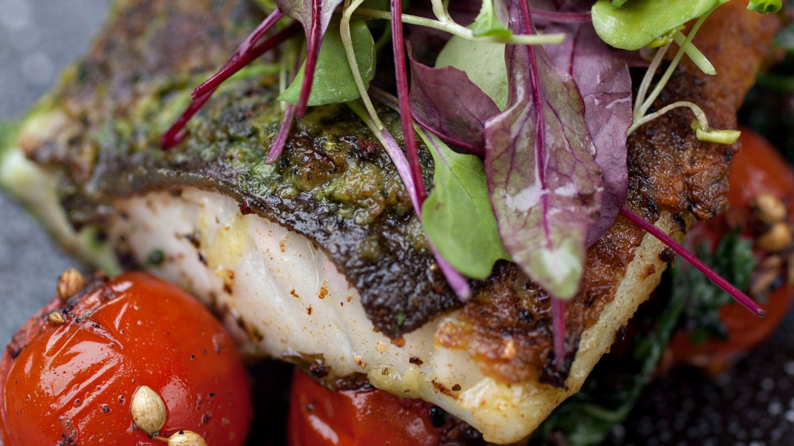 Pan-fried Brill with Green Spice Paste and Oven-Roasted Tomatoes