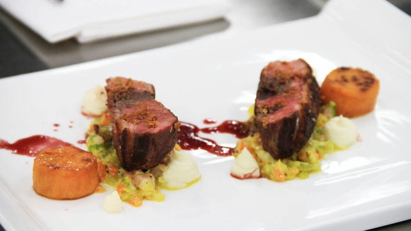 Duck breast, creamed cabbage, celeriac puree, red