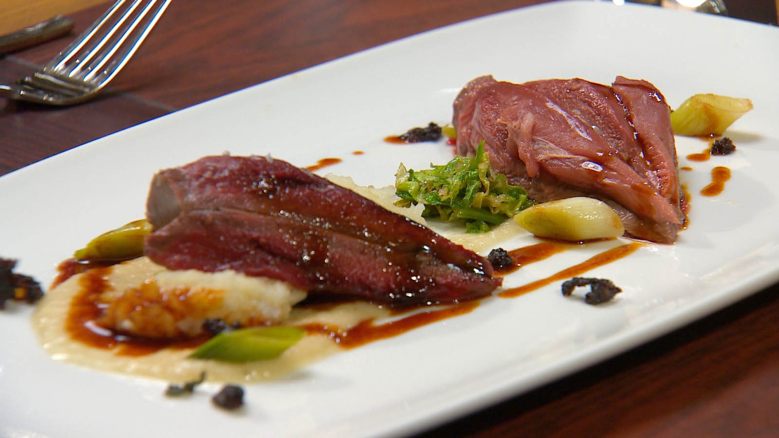 Squab pigeon breast, white onion and cider puree,