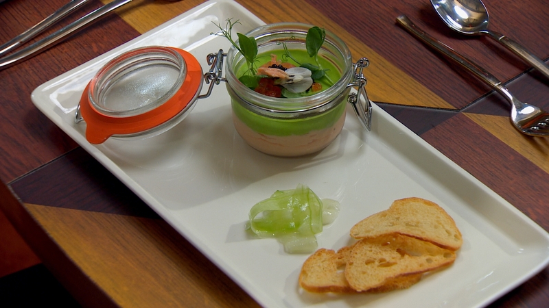 Potted Salmon Pate with Pea Mousse, Pickled Cucumb