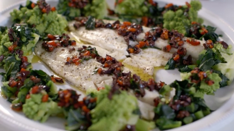 Flash Baked or Roast Haddock with Roast Pepper, Ba