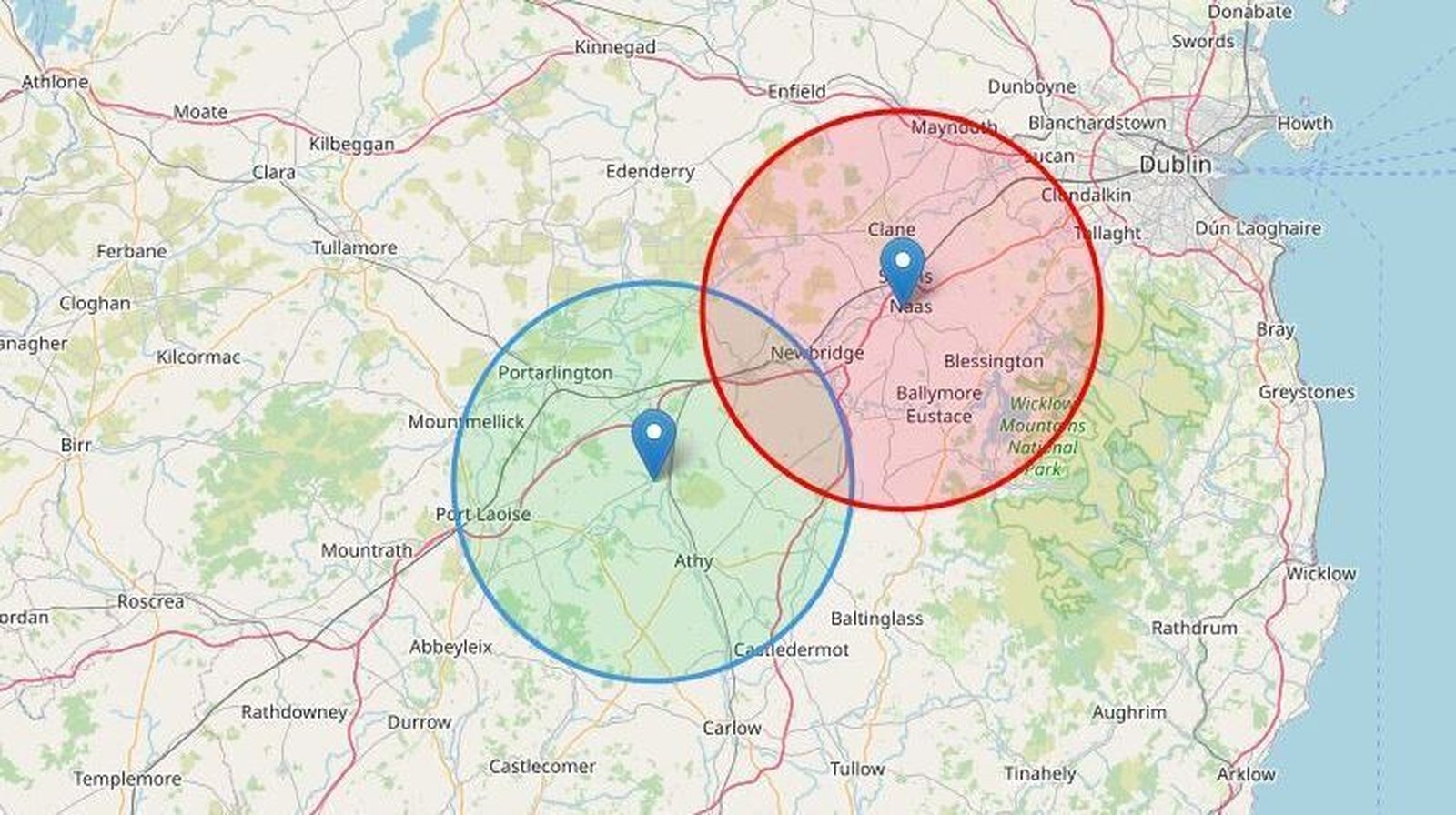 Website shows overlapping areas where people can meet