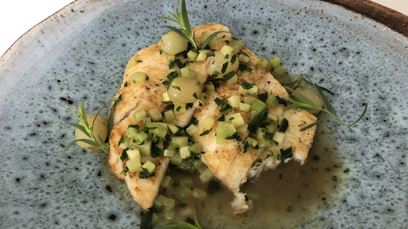 Rory's pan-fried brill with roast chicken sauce