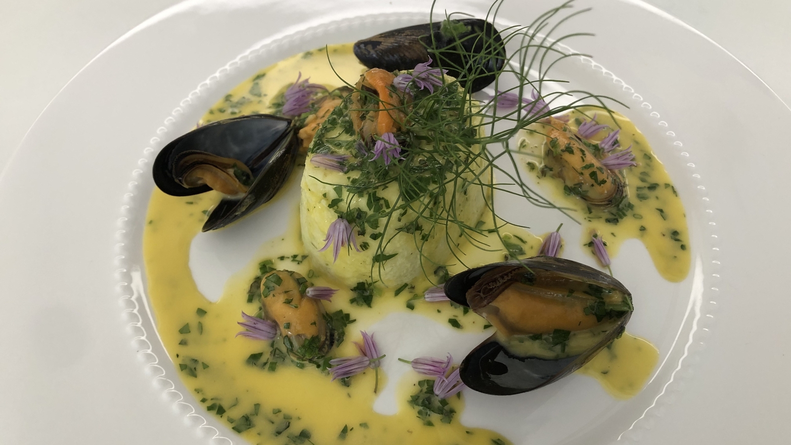 Rory's Leek mousse with mussels