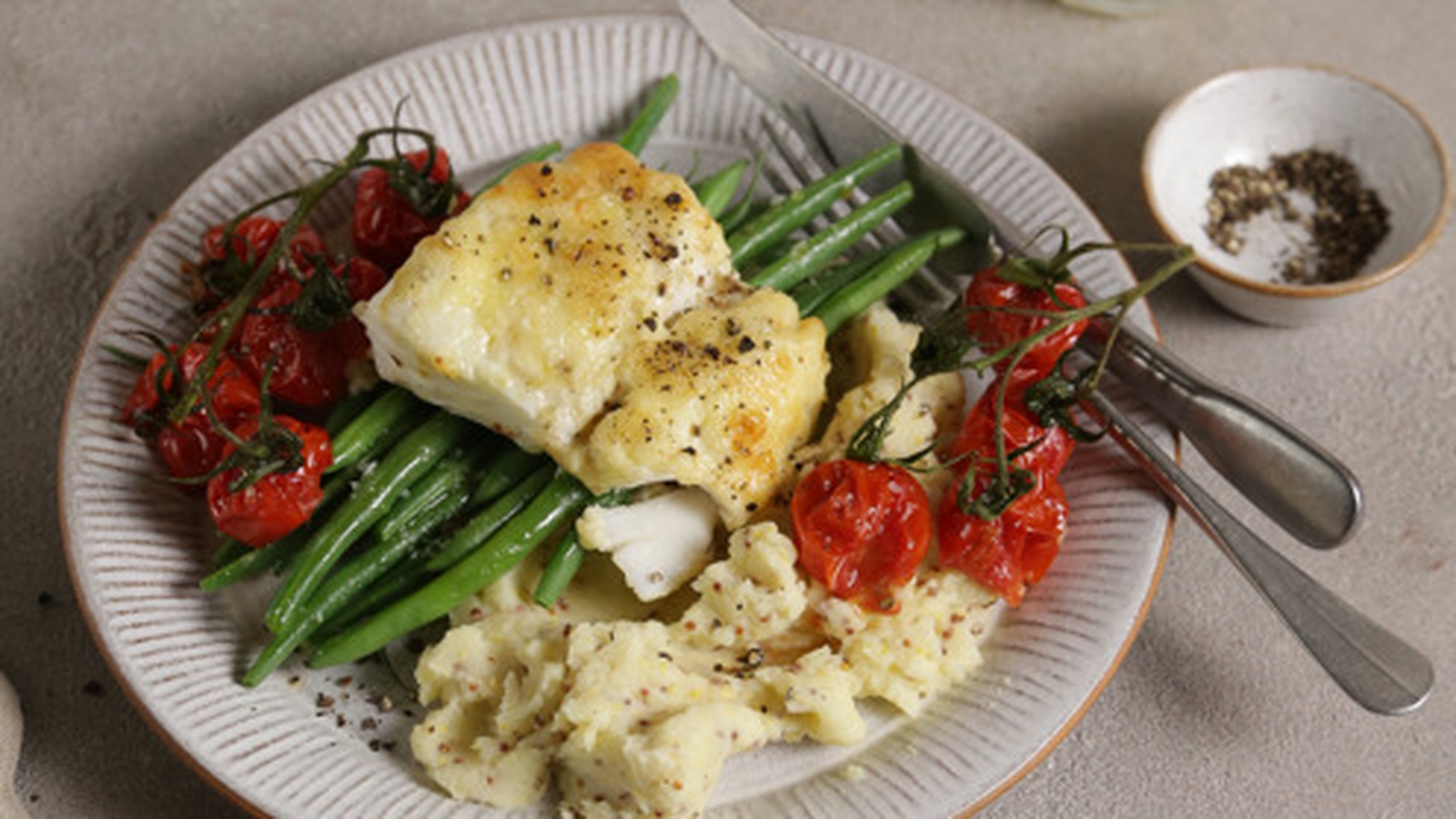 Cheesy cod with cherry tomatoes & mustard mash: OT