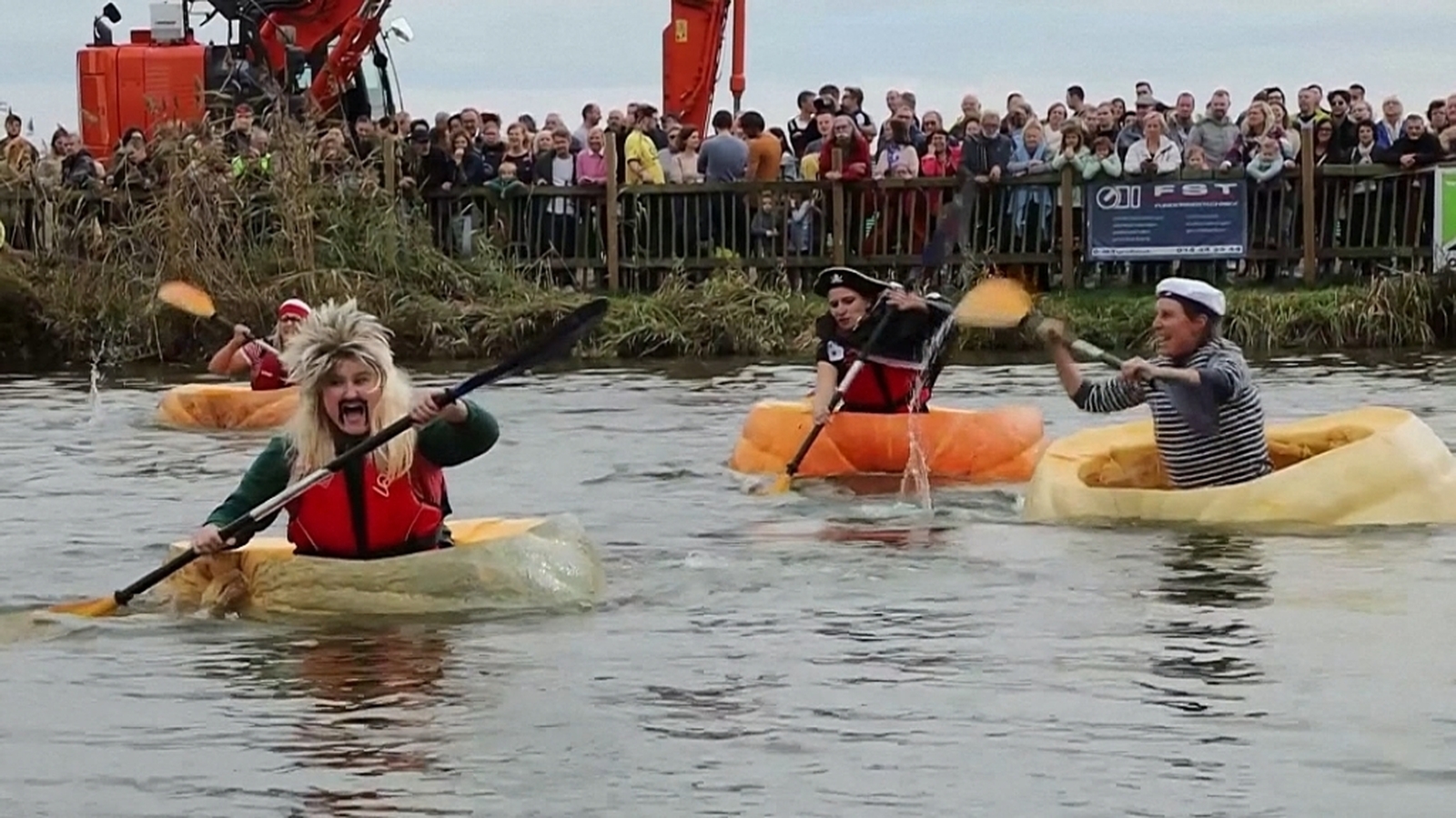 Giant floating pumpkin relay race