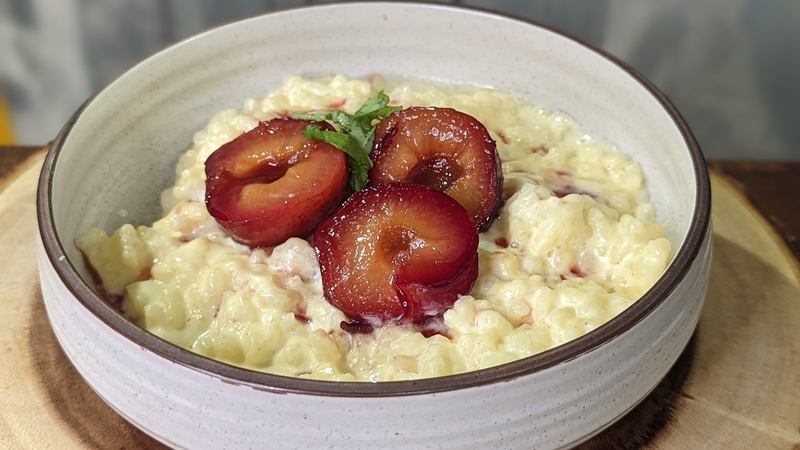 Eunice's creamy rice pudding with sticky plums