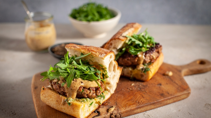 Mark Moriarty's beef burgers & garlic bread