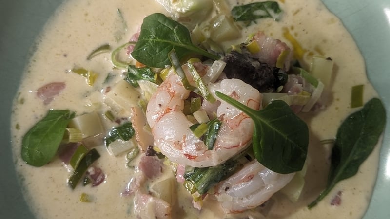 Kevin's prawn chowder with black pudding: Today
